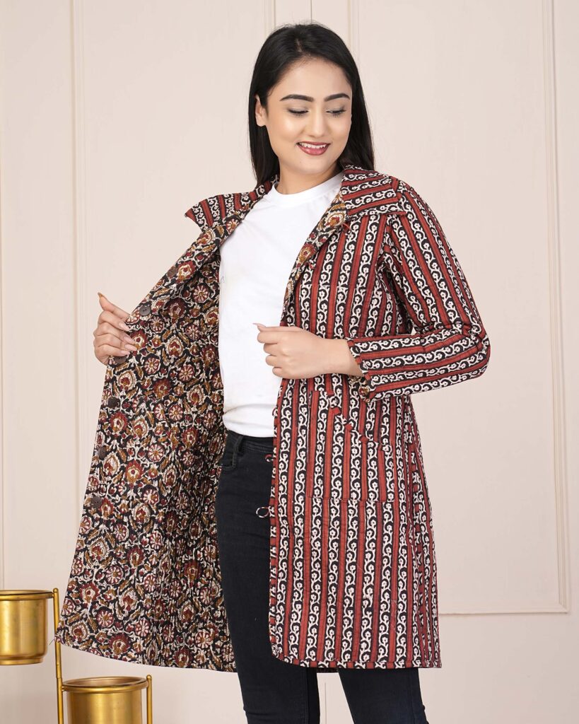 Brownish Red Long Quilted Jacket for Women Online - Raworiya