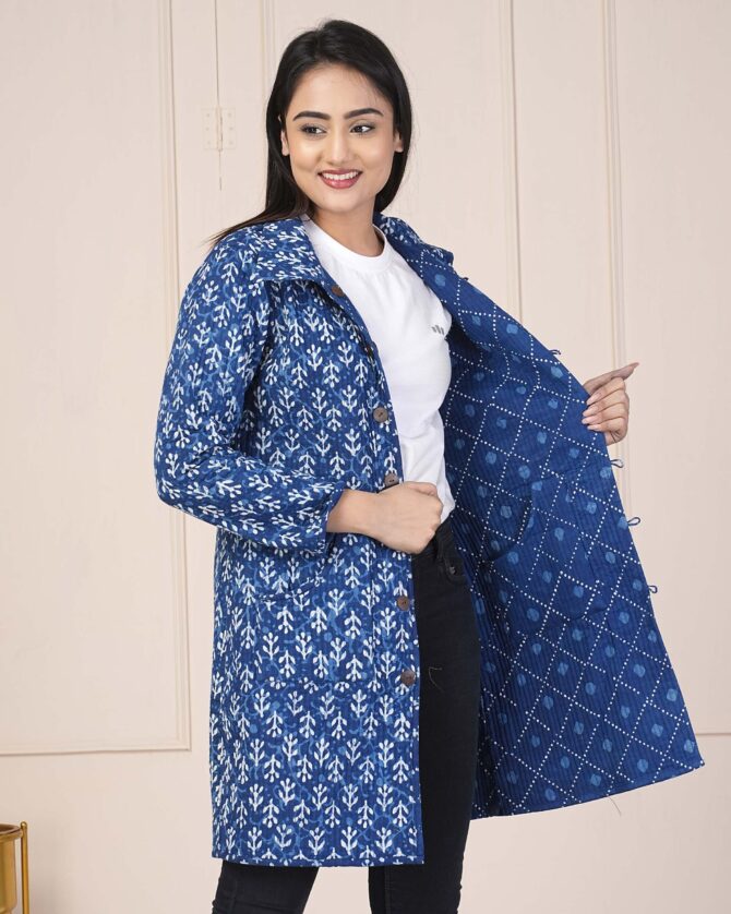Indigo Long Quilted Jacket with Dotted Design