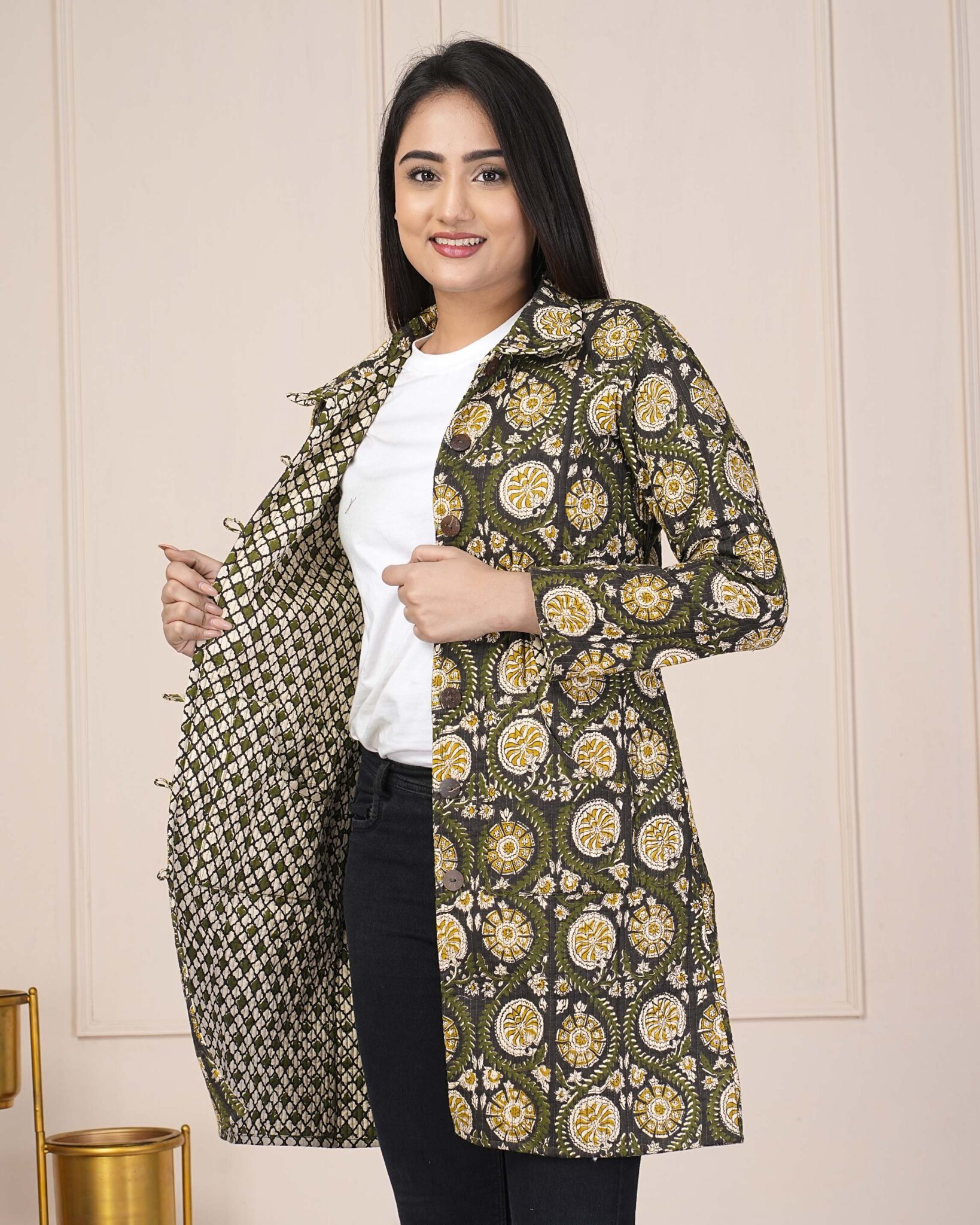 Mehndi Colour Long Quilted Jacket with Floral Design - Raworiya