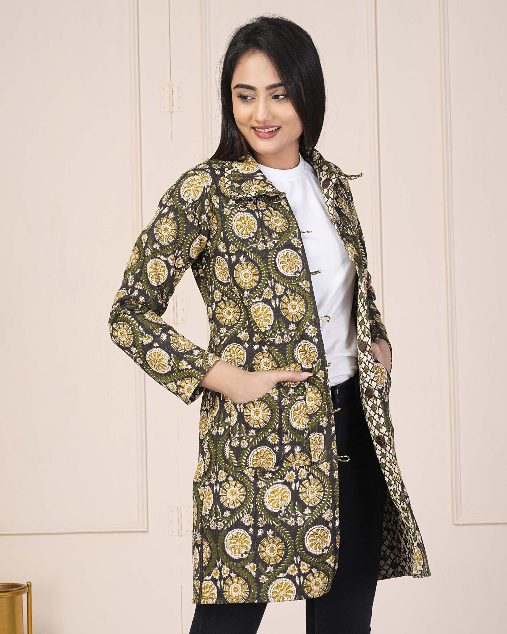 Mehndi Colour Long Quilted Jacket with Floral Design - Raworiya