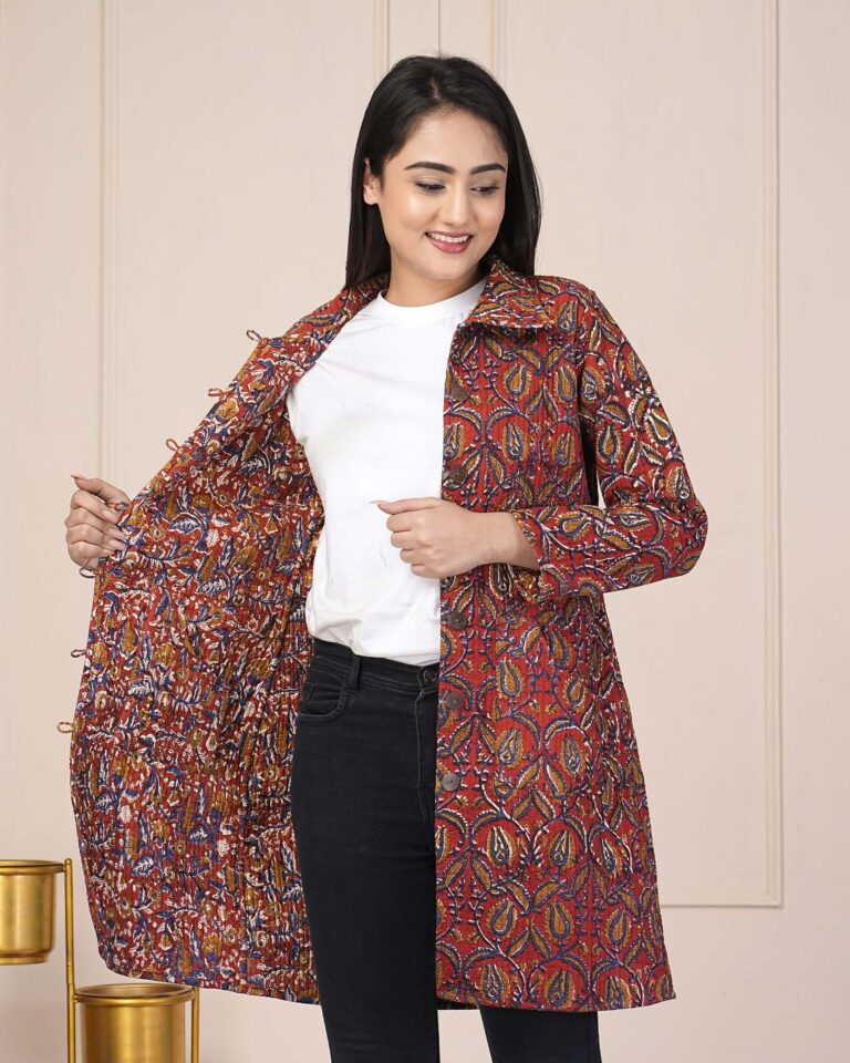 Multi Colour Long Quilted Jacket with Floral Design - Raworiya