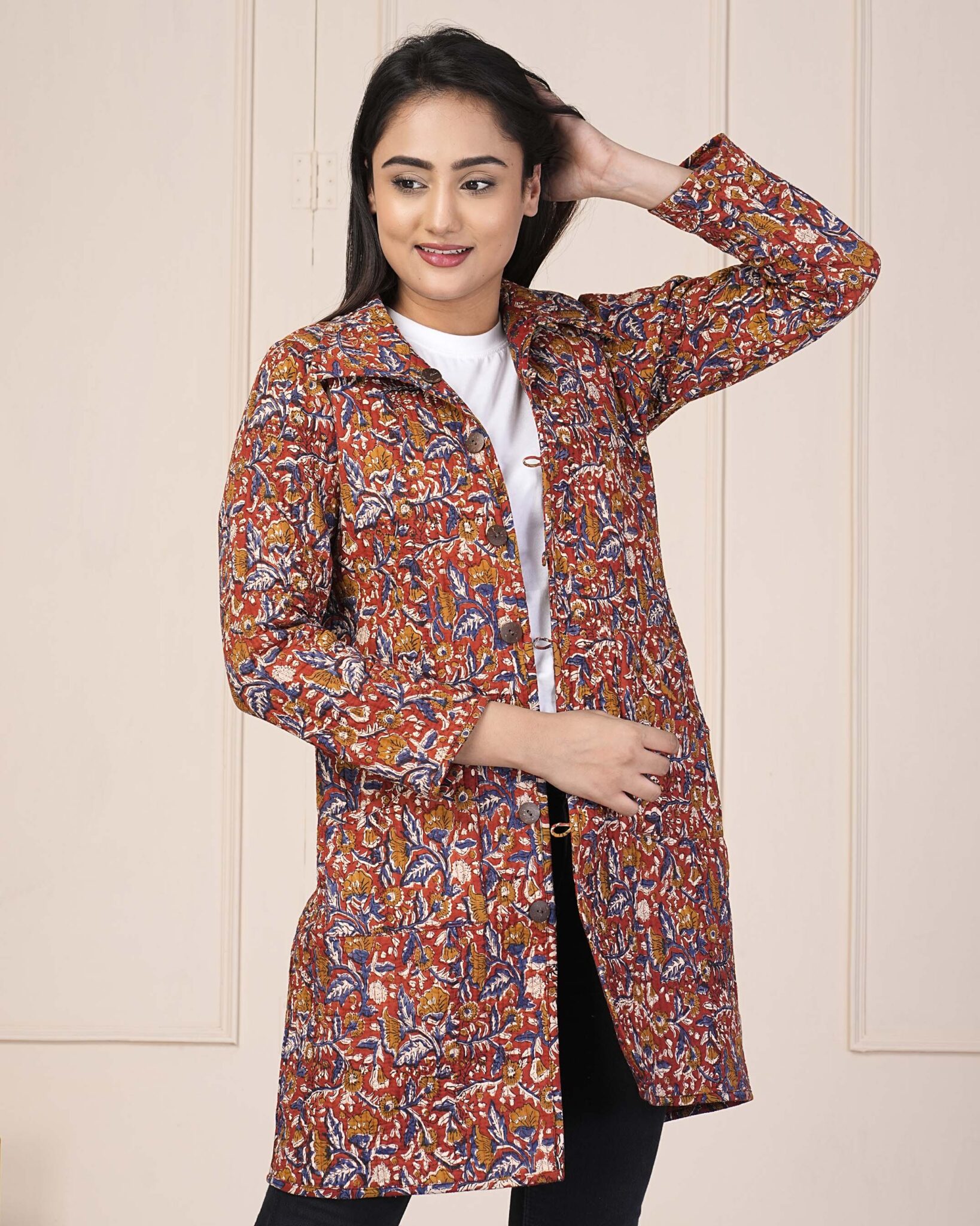 Multi Colour Long Quilted Jacket with Floral Design - Raworiya