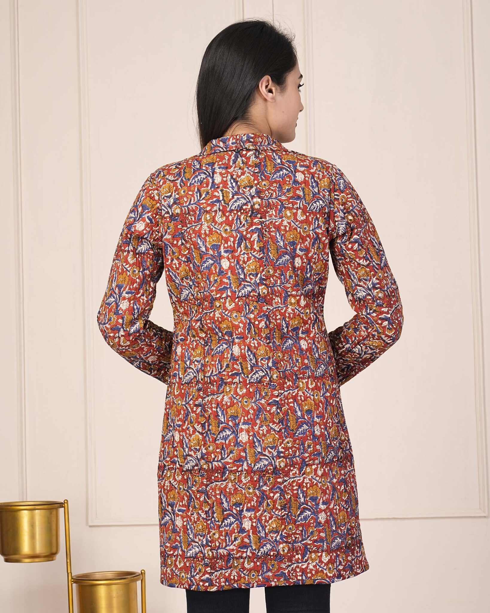 Multi Colour Long Quilted Jacket with Floral Design - Raworiya